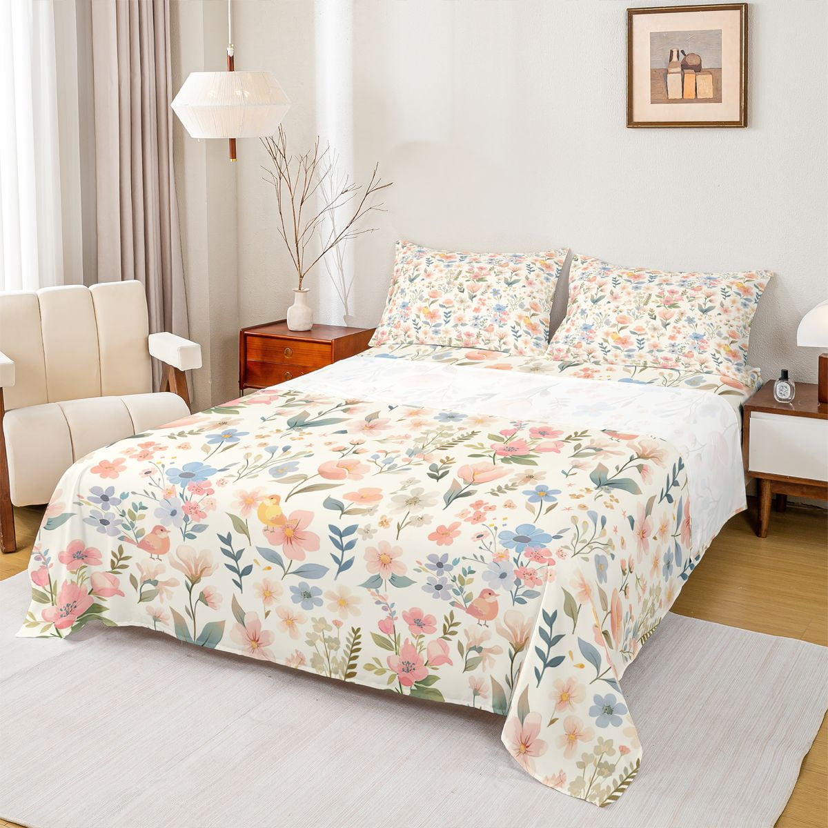 Homewish Kawaii Floral Brid 4 Pieces Queen Sheet Sets For Female Men ...
