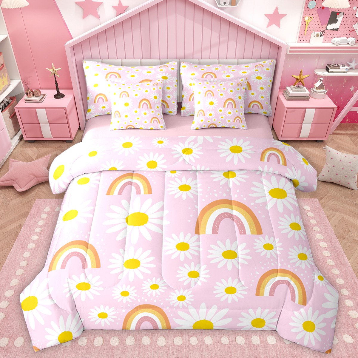 Homewish Kawaii Floral Daisy 7-Piece Twin Bedding Sets For Preppy ...
