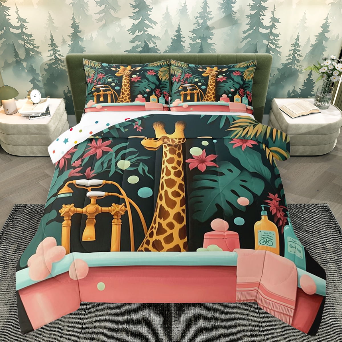 Homewish Kawaii Giraffe Lover Queen Comforter Set, Green Palm Leaf ...