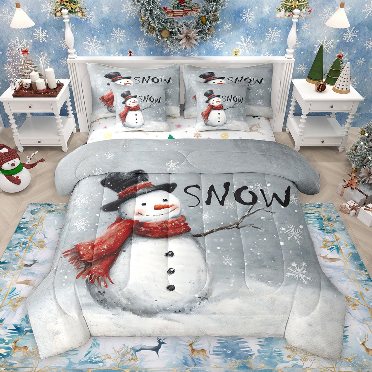 Homewish Kawaii Grey Snowman Bedding Comforter Set 7pcs, Dreamy Winter ...