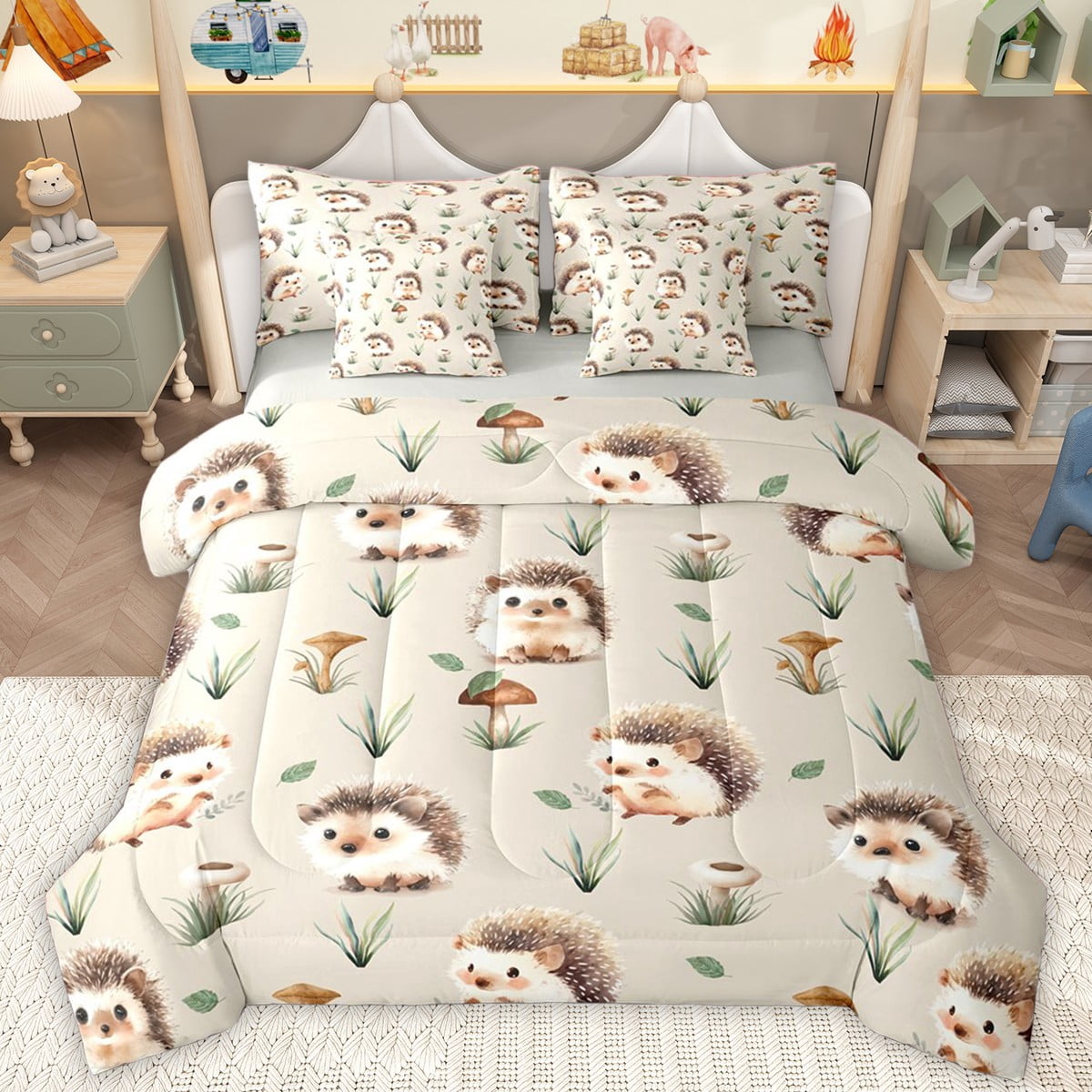 Homewish Kawaii Hedgehog 7-Piece Twin Bedding Set - Botanical Mushroom ...