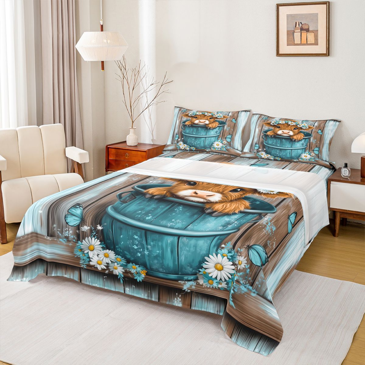 Homewish Kawaii Highland Bull Bed Sheets for Kids, Teal Rustic Cabin ...