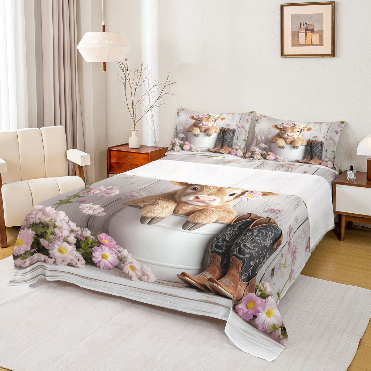 Homewish Kawaii Highland Cow Bed Sheets,Western Cowboy Boots King ...