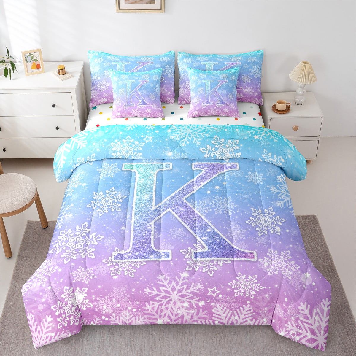 Homewish Kawaii Letter K Bedding Comforter Set 7pcs for Girl, Cartoon ...