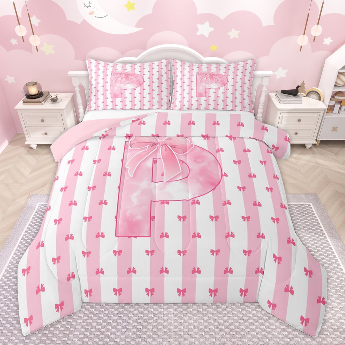 Homewish Kawaii Letter P Bedding Comforter Set for Kids, Princess Pink ...