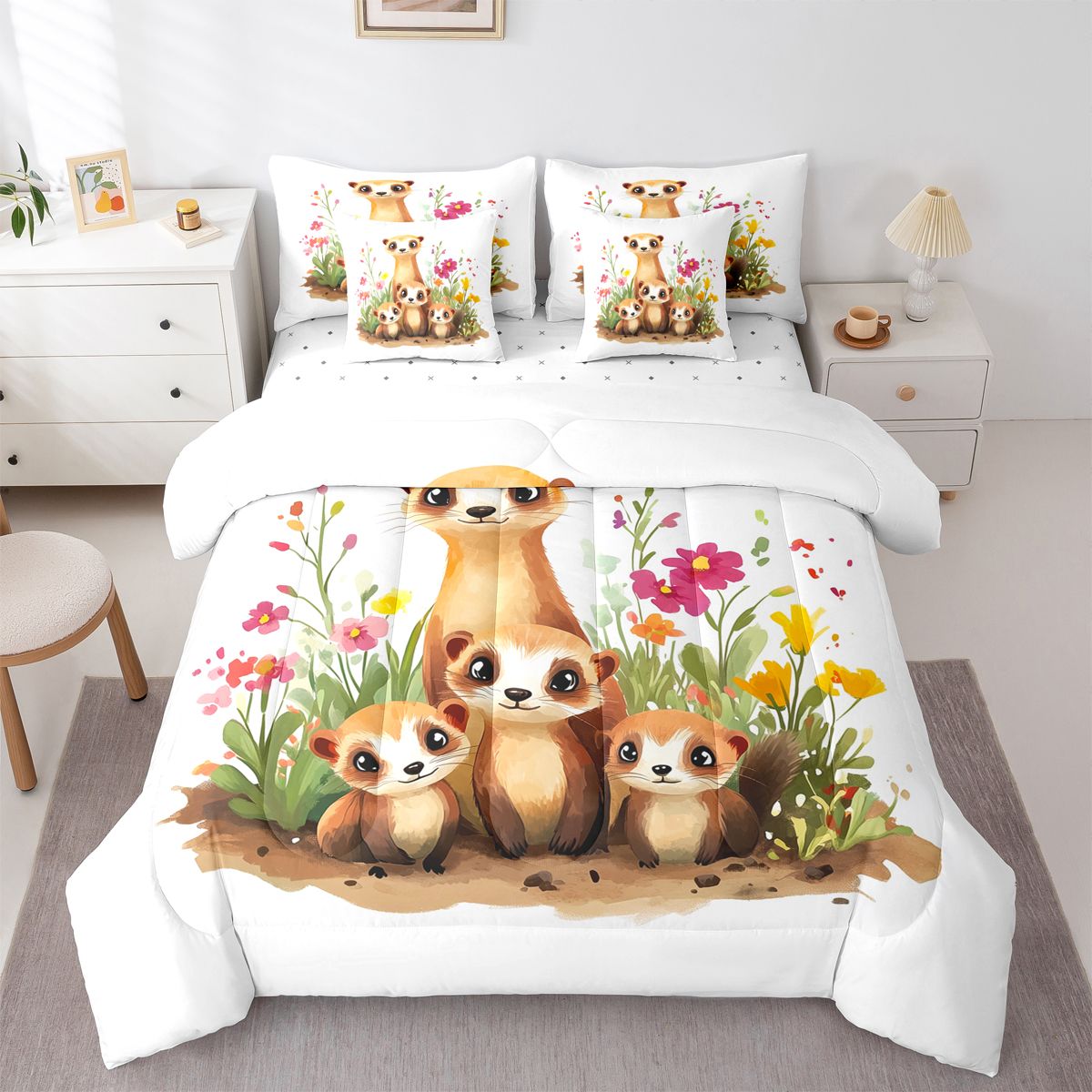 Homewish Kawaii Meerkat Family Bedding Comforter Set 7pcs, Watercolor ...