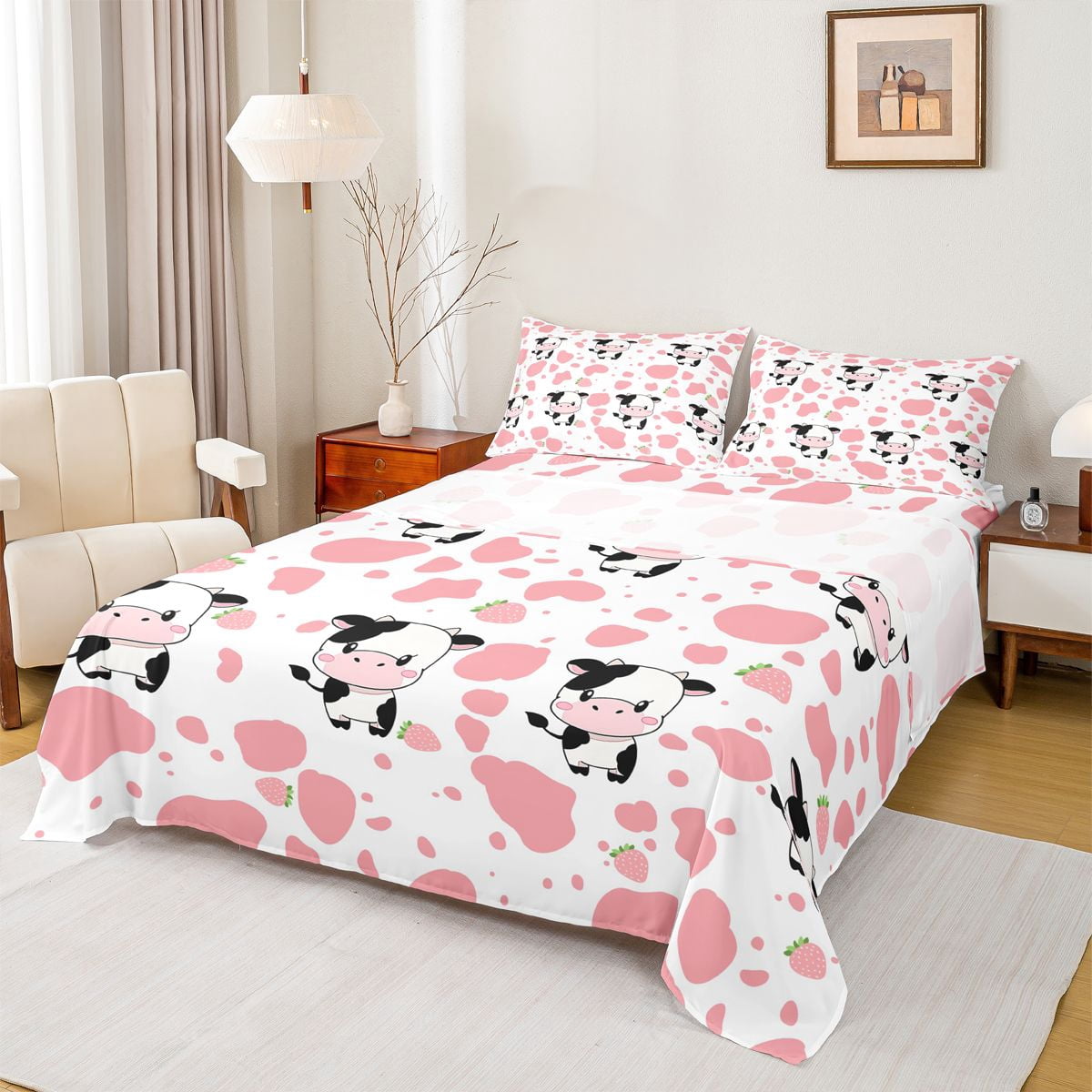 Homewish Kawaii Milk Cow Full Size Sheets for Kids, Fashion Pink Cow ...