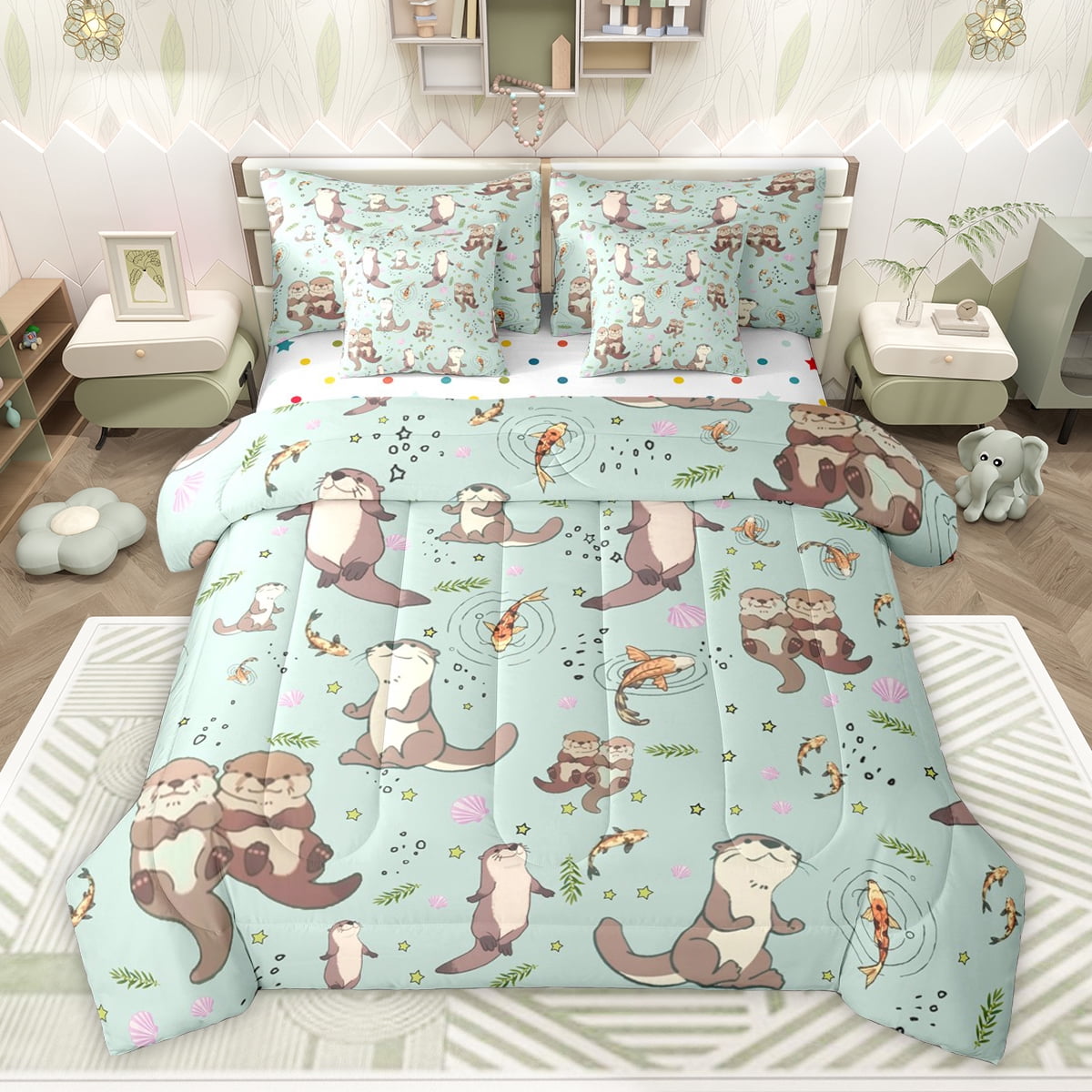 Homewish Kawaii Otter Bedding Comforter Set 7pcs for Preppy Child ...