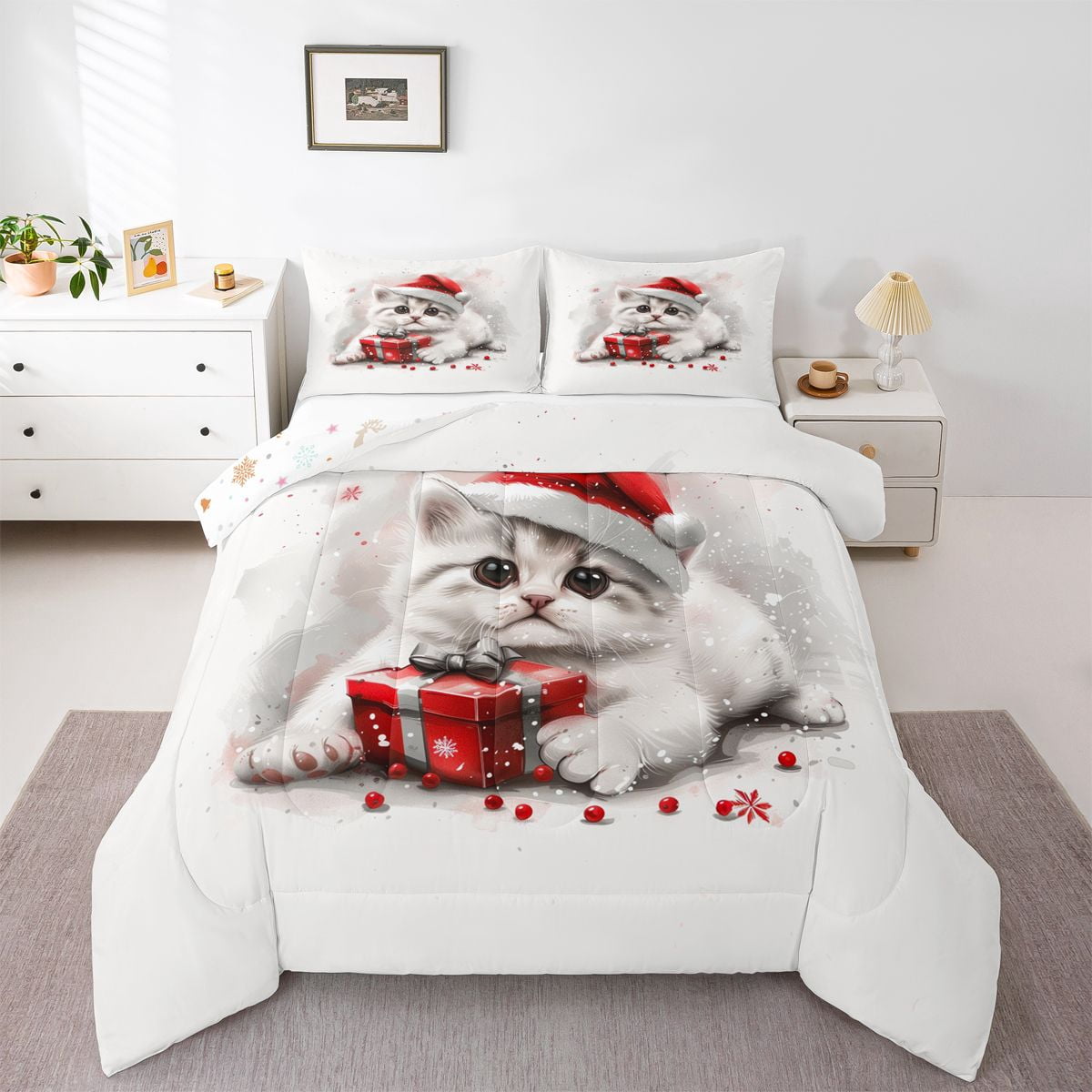 Homewish Kawaii Pet Cat Queen Comforter Set,Red Berry Xmas Gifts ...