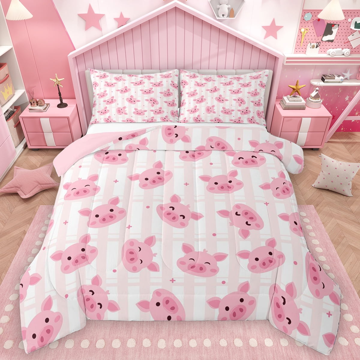 Homewish Kawaii Pig Queen Comforter Set,Modern Geometric Stripe Bedding ...