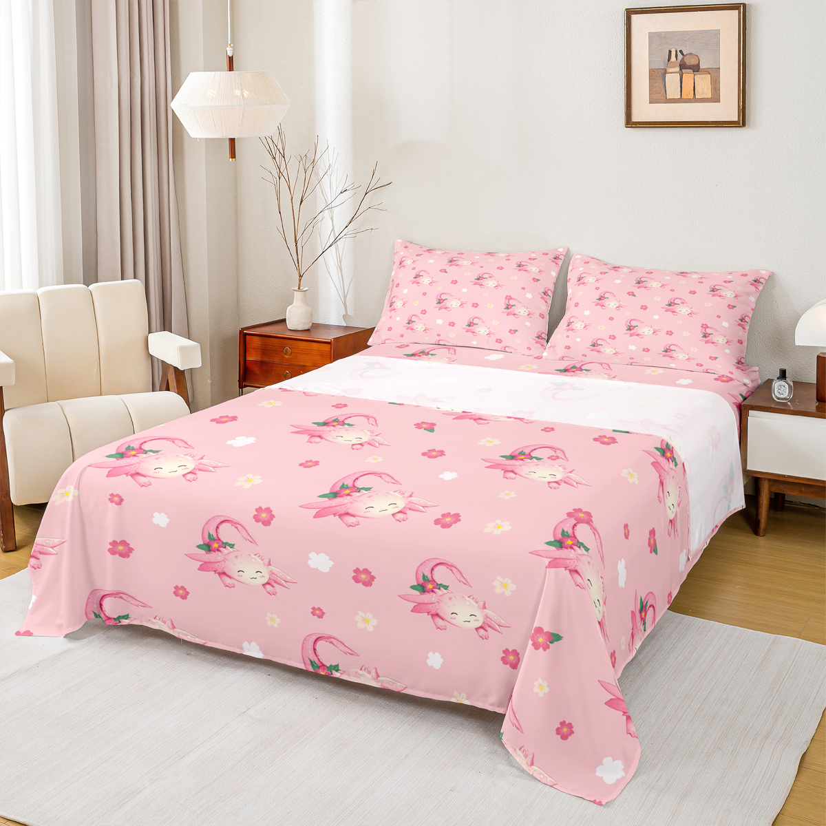 Homewish Kawaii Pink Axolotl 4-Piece Full Size Sheets for Kids Children ...
