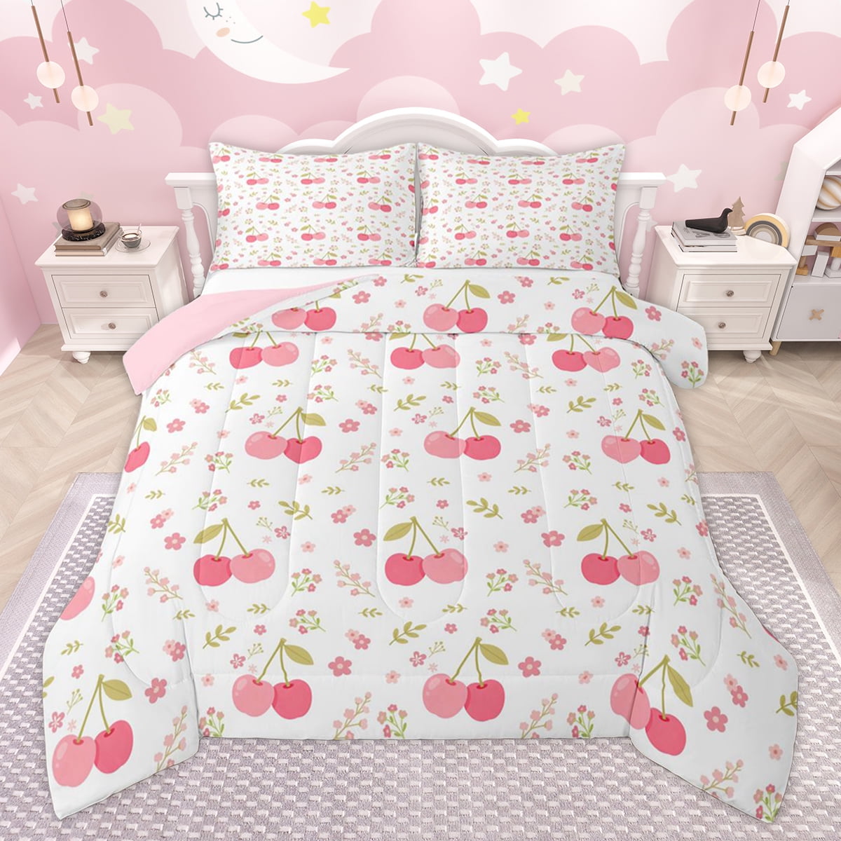 Homewish Kawaii Pink Cherry Full Size Comforter Sets for Kids, Cartoon ...