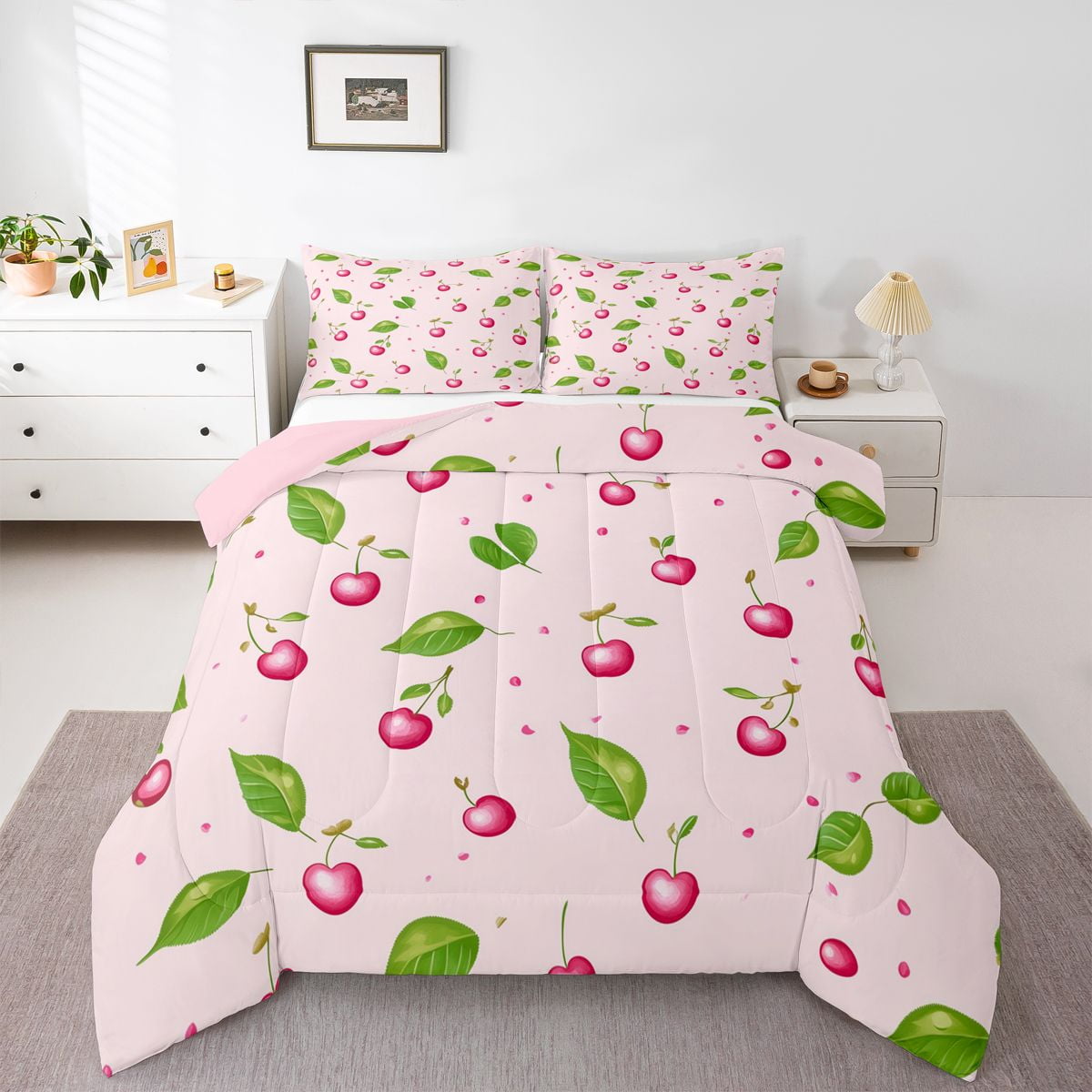 Homewish Kawaii Pink Cherry Full Size Comforter Sets for Kids, Cute ...