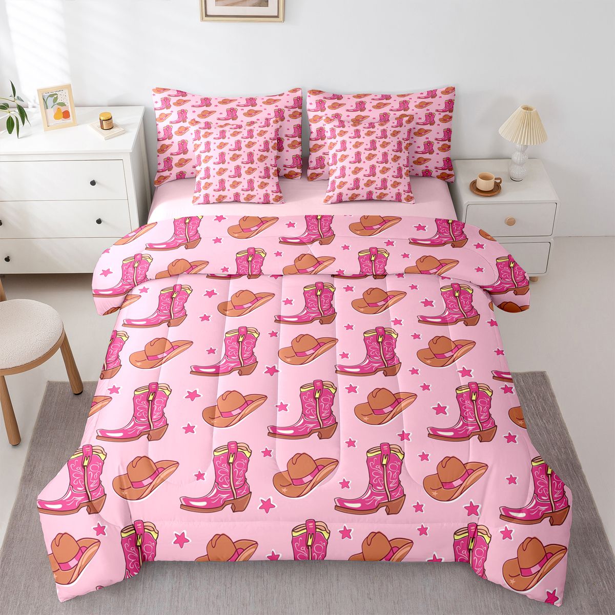 Homewish Kawaii Pink Cowgirl Boot Bedding Comforter Set 7pcs, Cartoon ...