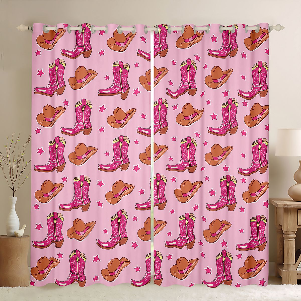 Homewish Kawaii Pink Cowgirl Boot Blackout Curtains Set of 2 (52x84 ...