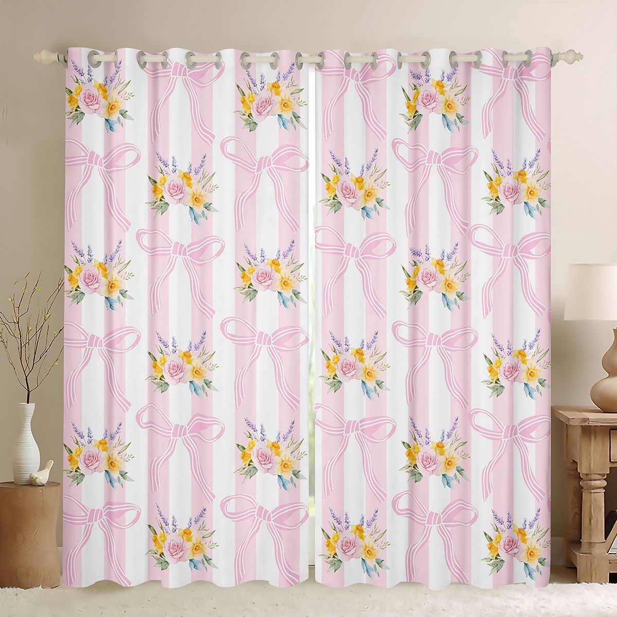 Homewish Kawaii Pink Flower Bowtie Blackout Curtains Set of 2 (52x84 ...