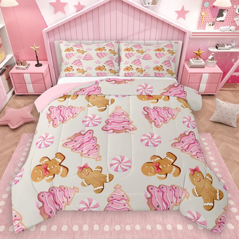 Homewish Kawaii Pink Xams Tree Queen Comforter Set, Cartoon Gingerbread ...