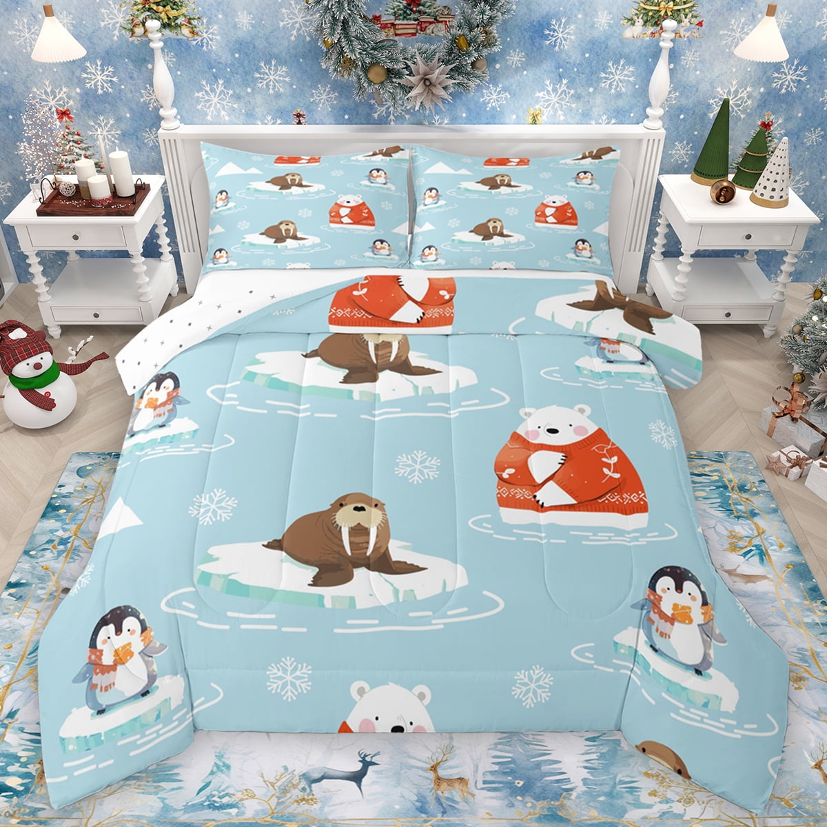 Homewish Kawaii Polar Bear Queen Comforter Set for Teen, Cute Winter ...