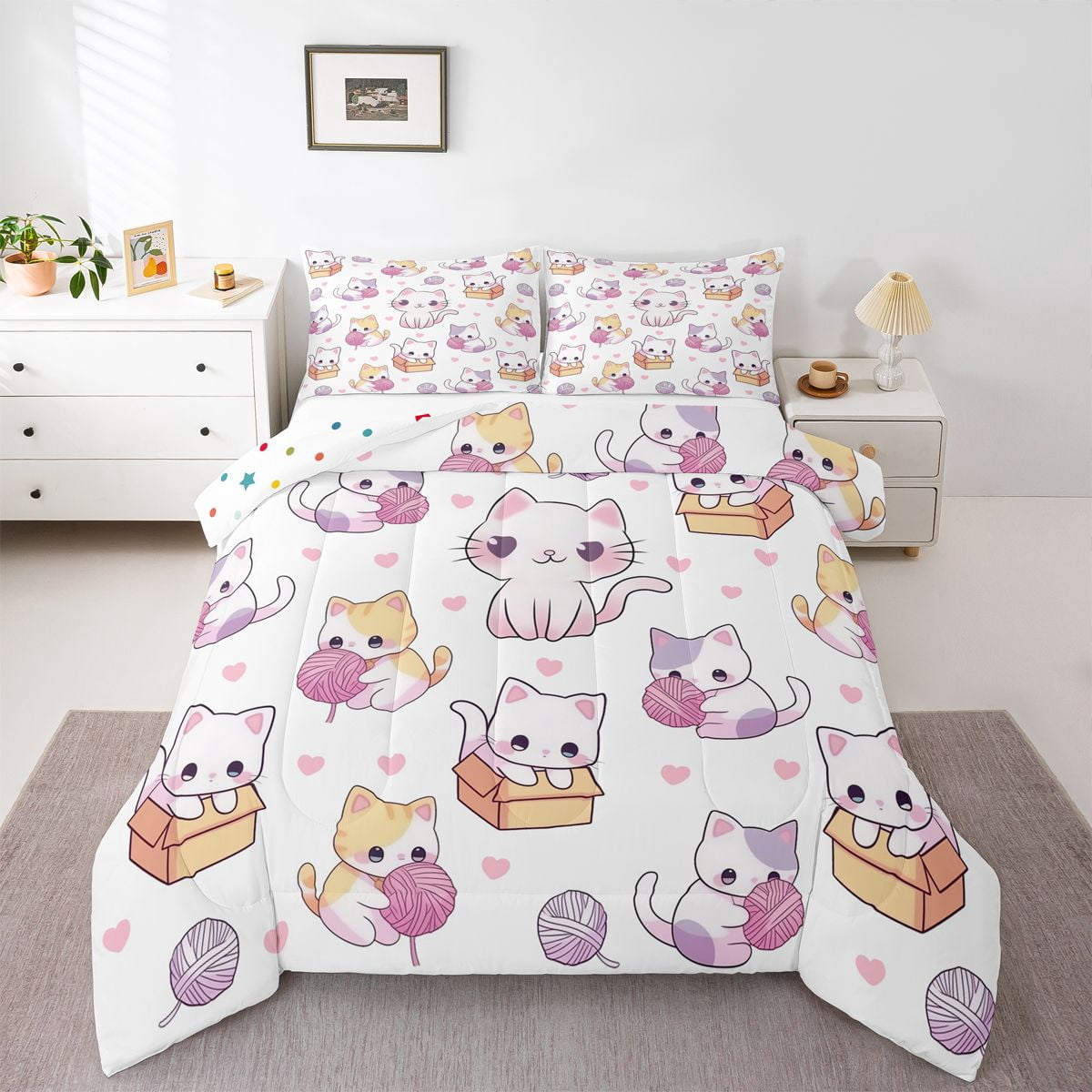 Homewish Kawaii Purple Kitten Bedding Comforter Set, Cartoon Cat Lover ...