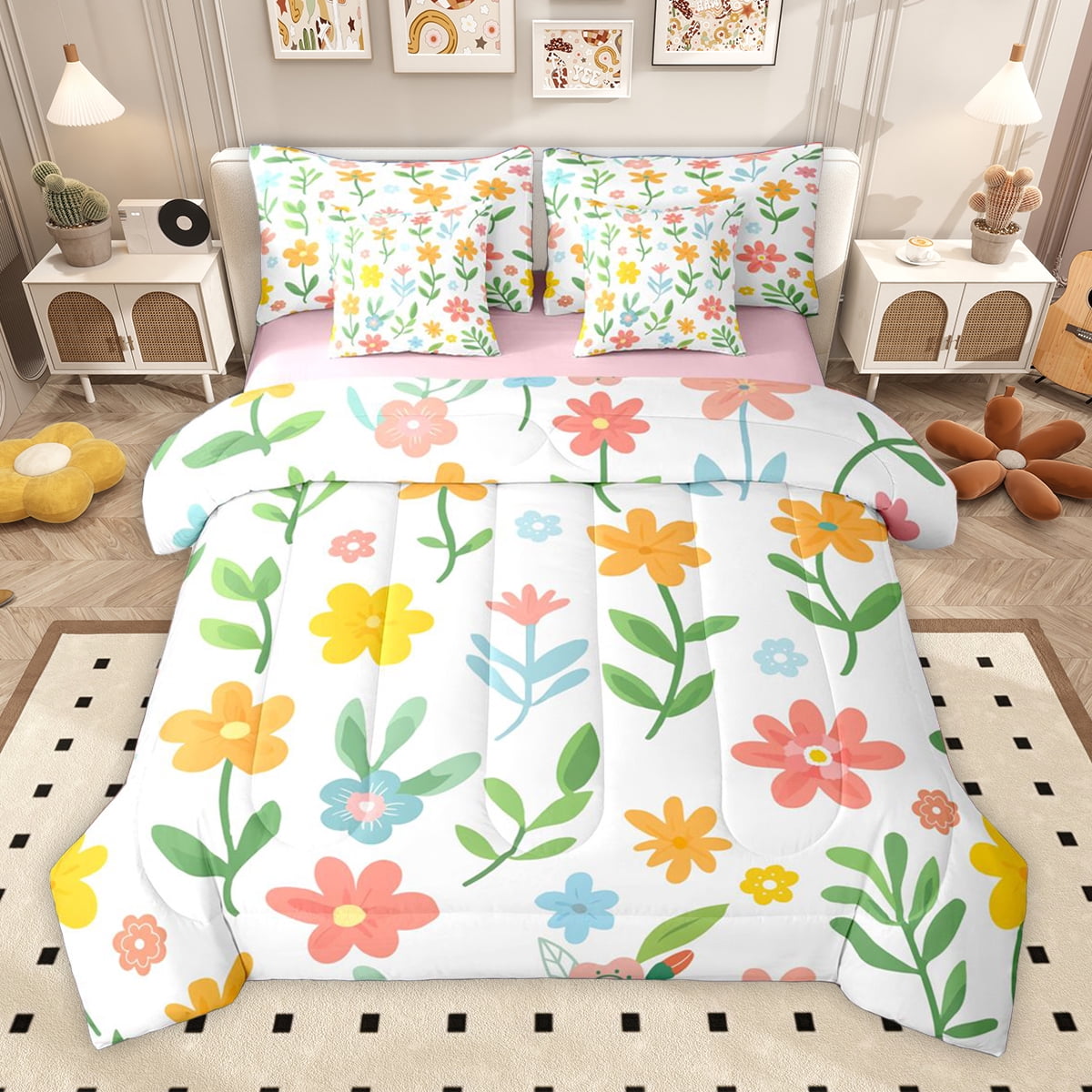 Homewish Kawaii Rainbow Daisy 7-Piece Twin Bedding Sets,Multicolor ...