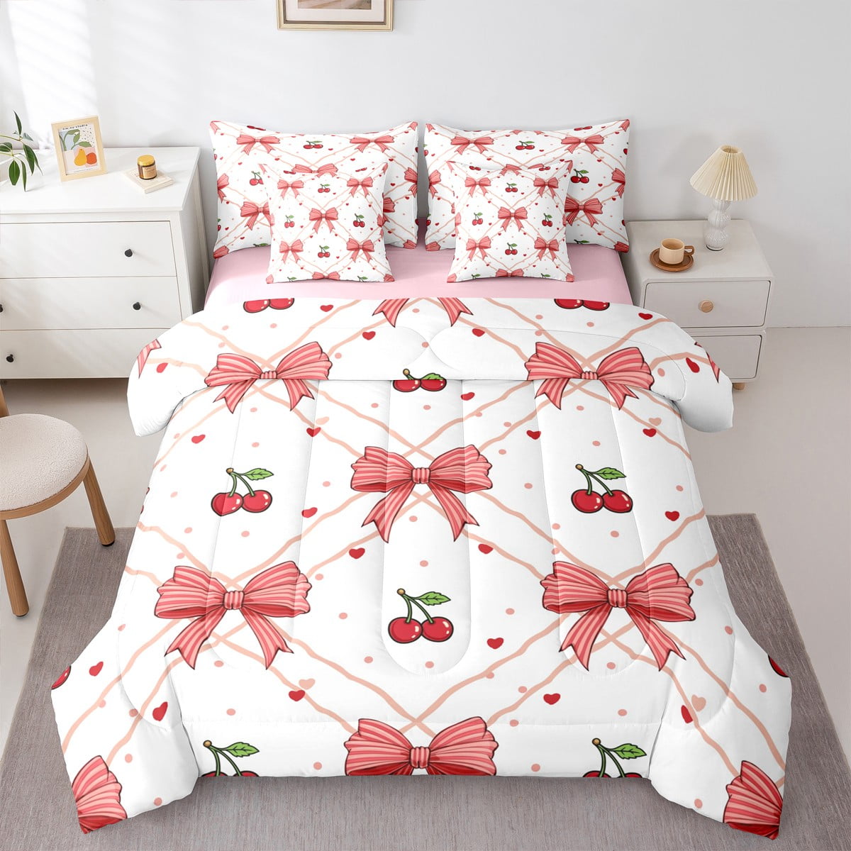Homewish Kawaii Red Ribbon Bedding Comforter Set 7pcs for Teen, Cartoon ...