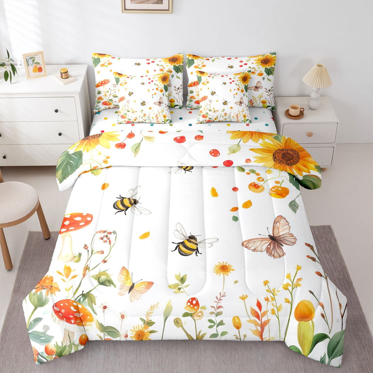 Homewish Kawaii Rustic Bee Bedding Comforter Set 7pcs, Cartoon Mushroom ...