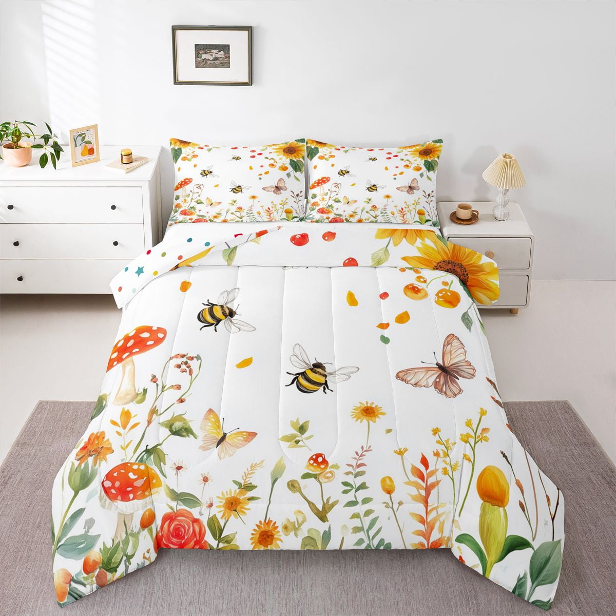 Homewish Kawaii Rustic Bee Bedding Comforter Set, Cartoon Mushroom ...