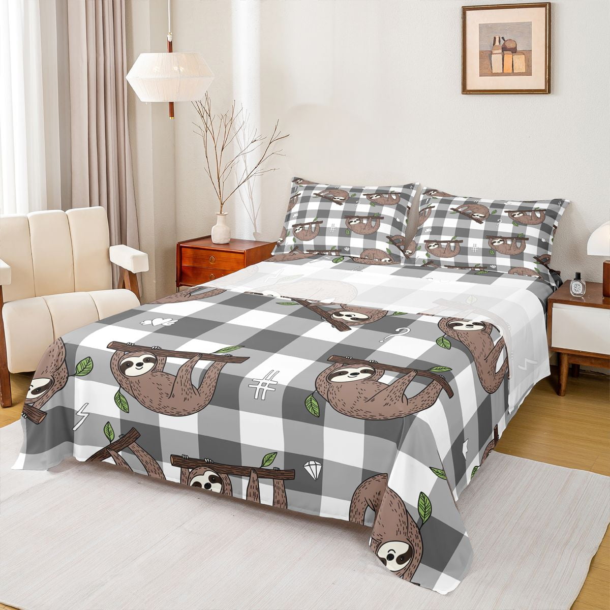Homewish Kawaii Sloth 4pcs Bed Sheets for Children Teens,Geometric ...
