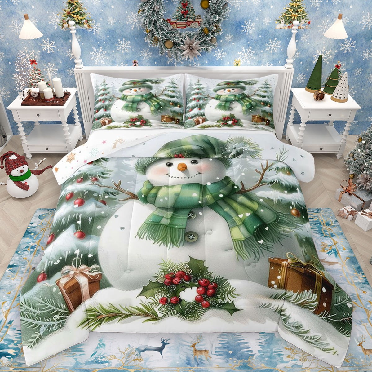 Homewish Kawaii Snowman 3-Piece Full Size Comforter Sets For Preppy ...