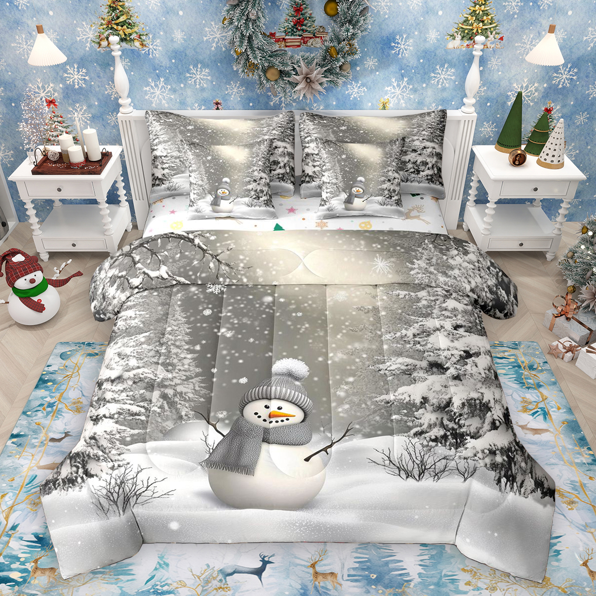 Homewish Kawaii Snowman 7 Pieces Bedding Comforter Set,Winter Snow Pine ...