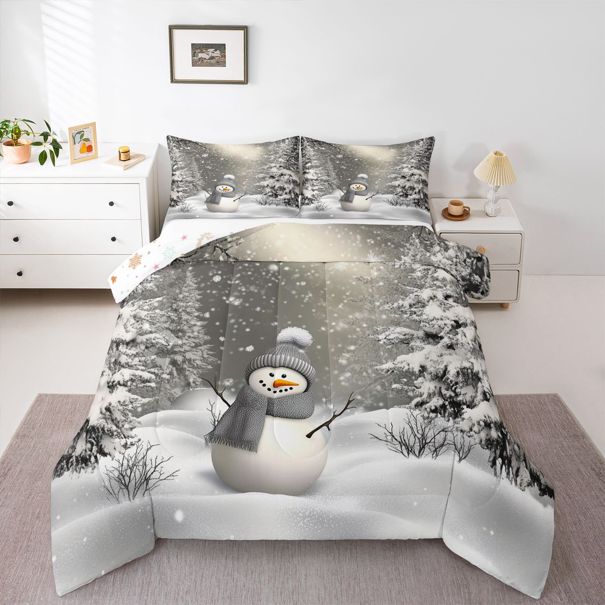 Homewish Kawaii Snowman Queen Comforter Set,Winter Snow Pine Tree ...