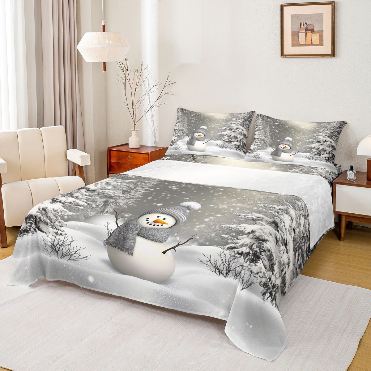 Homewish Kawaii Snowman Queen Sheet Sets,Winter Snow Pine Tree Flat ...