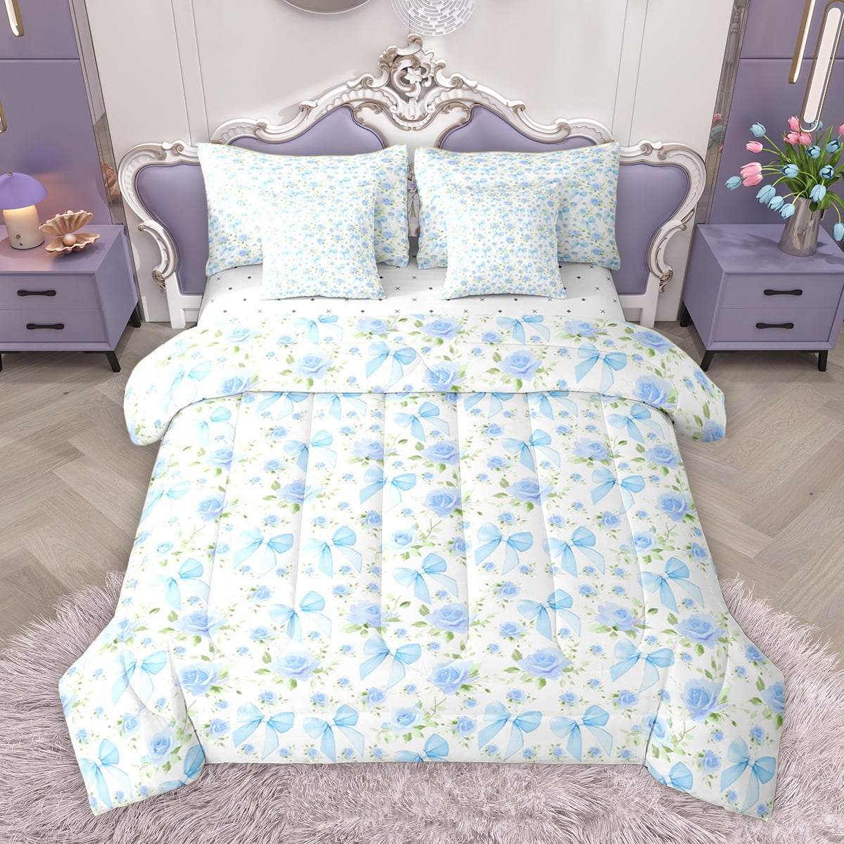 Homewish Kawaii Spring Flower Bedding Comforter Set 7pcs, Dreamy Blue ...