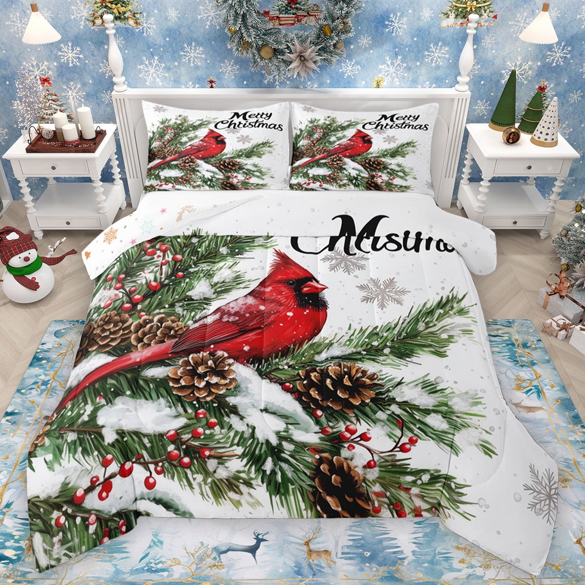 Homewish Kawaii Winter Bird Queen Comforter Set for Kids, Christmas ...