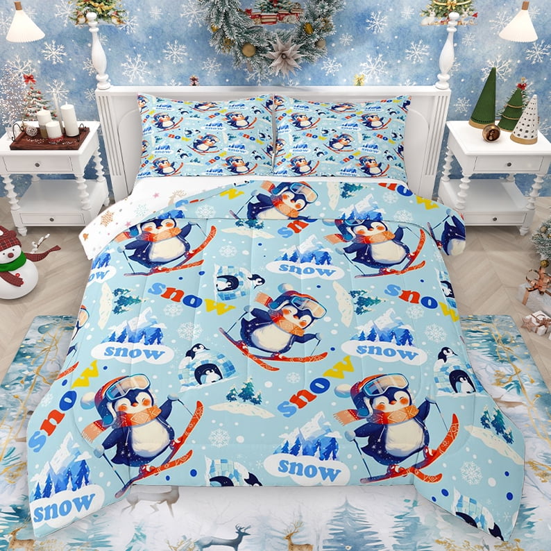 Homewish Kawaii Winter Penguin Bedding Comforter Set, Blue Snow ...
