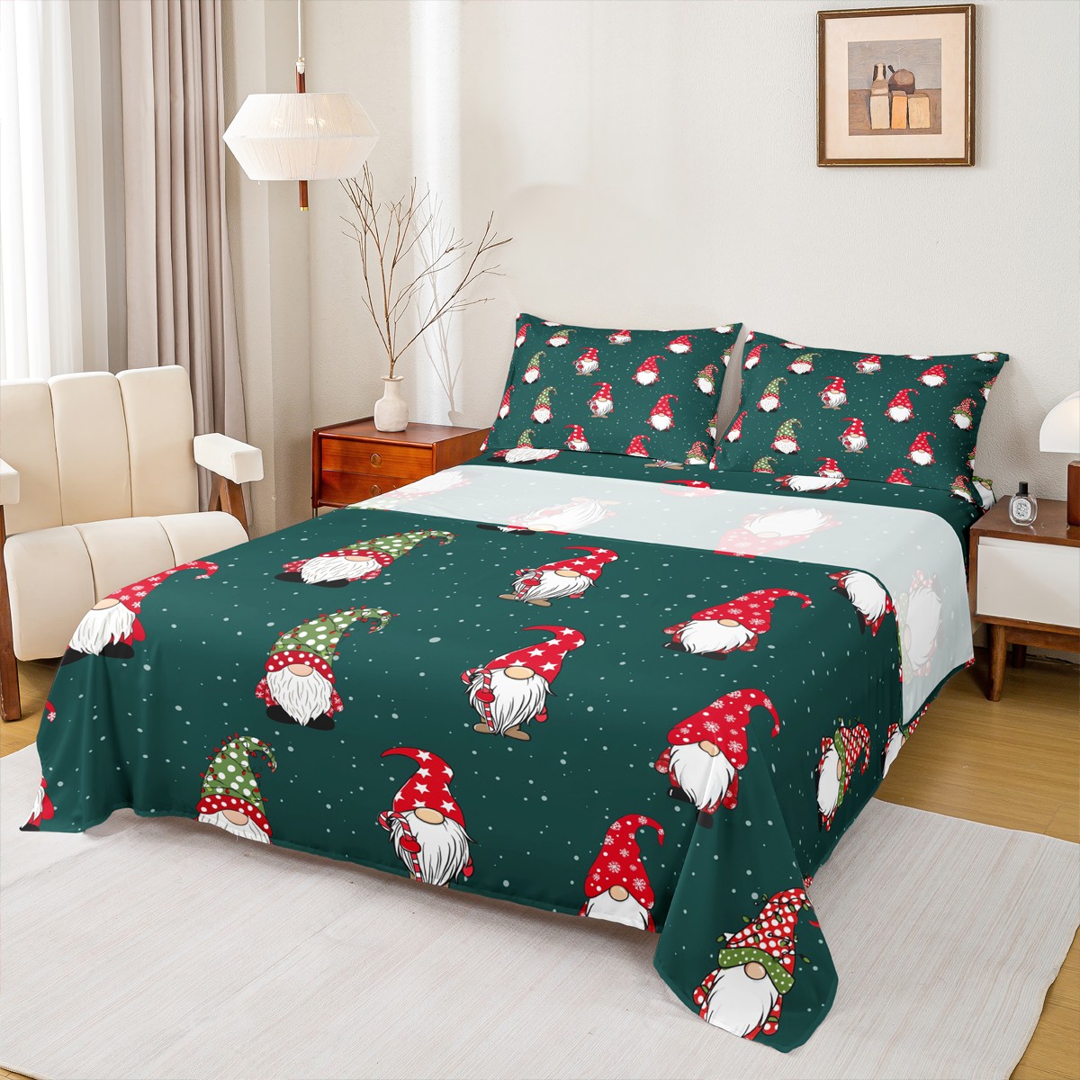 Homewish Kawaii Xmas Gnome Queen Sheet Sets, Green Cartoon Christmas ...