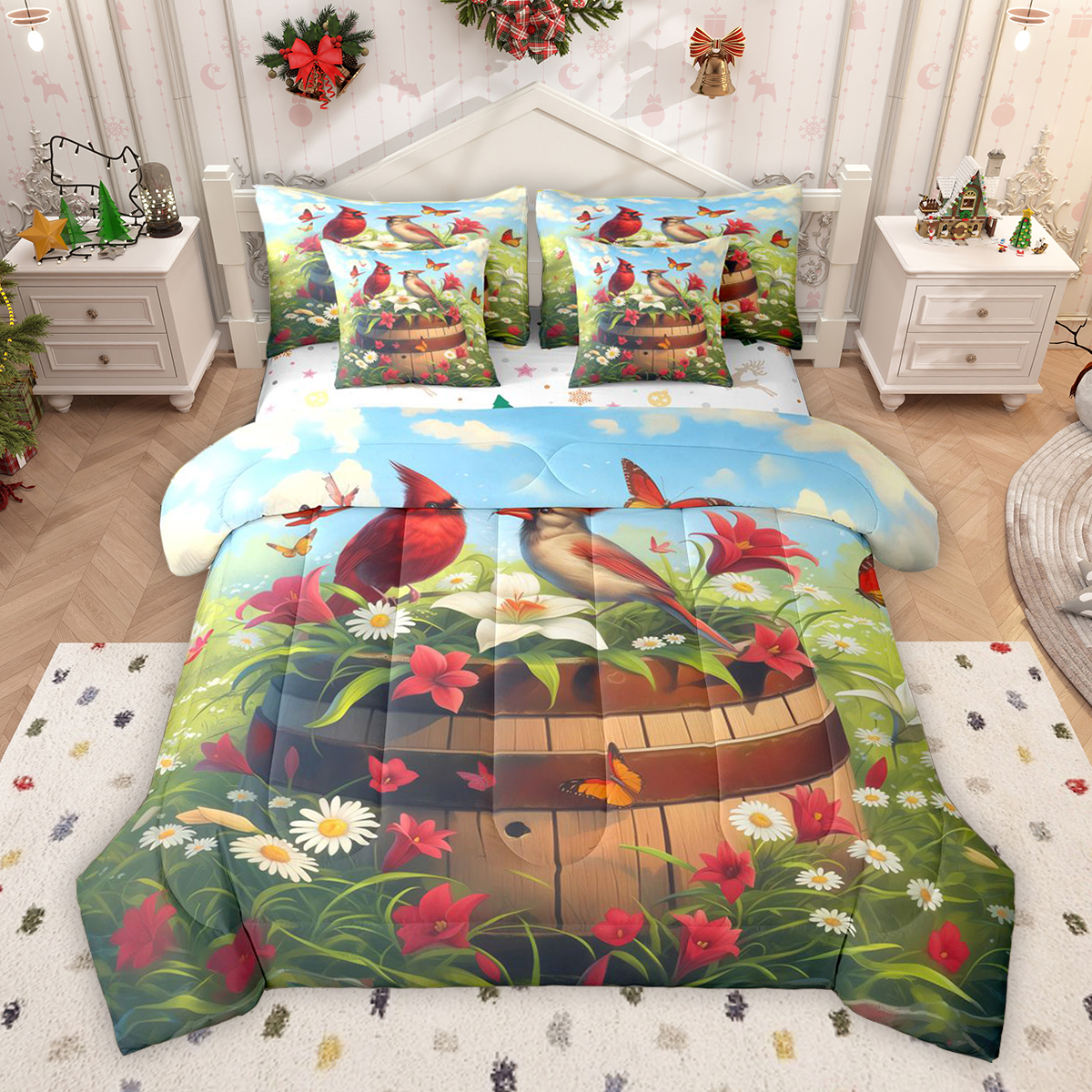 Homewish Kawaii Xmas Robin Bedding Comforter Set 7 Pieces, Garden ...