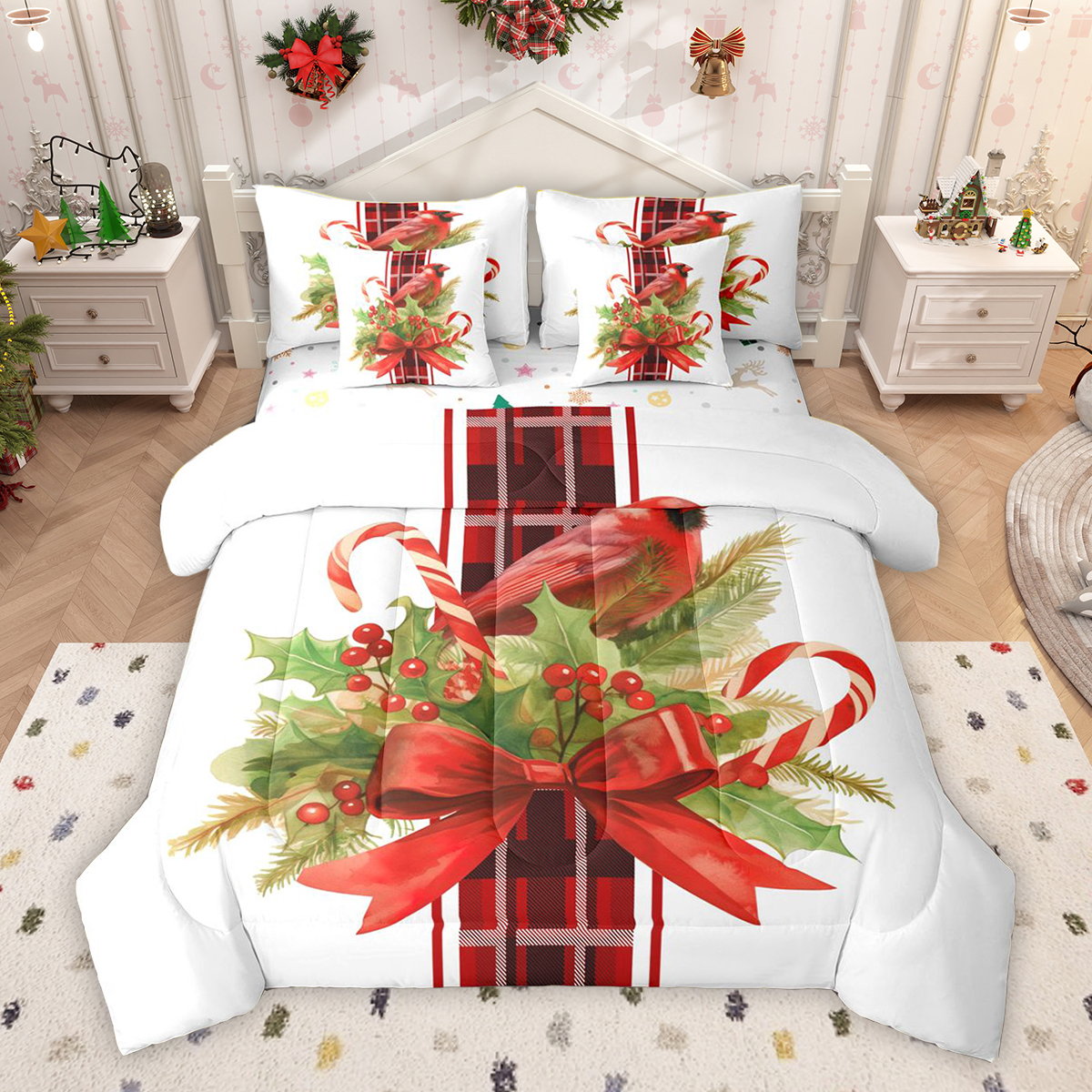 Homewish Kawaii Xmas Robin Twin Bedding Sets 7-Piece, Bowknot Christmas ...