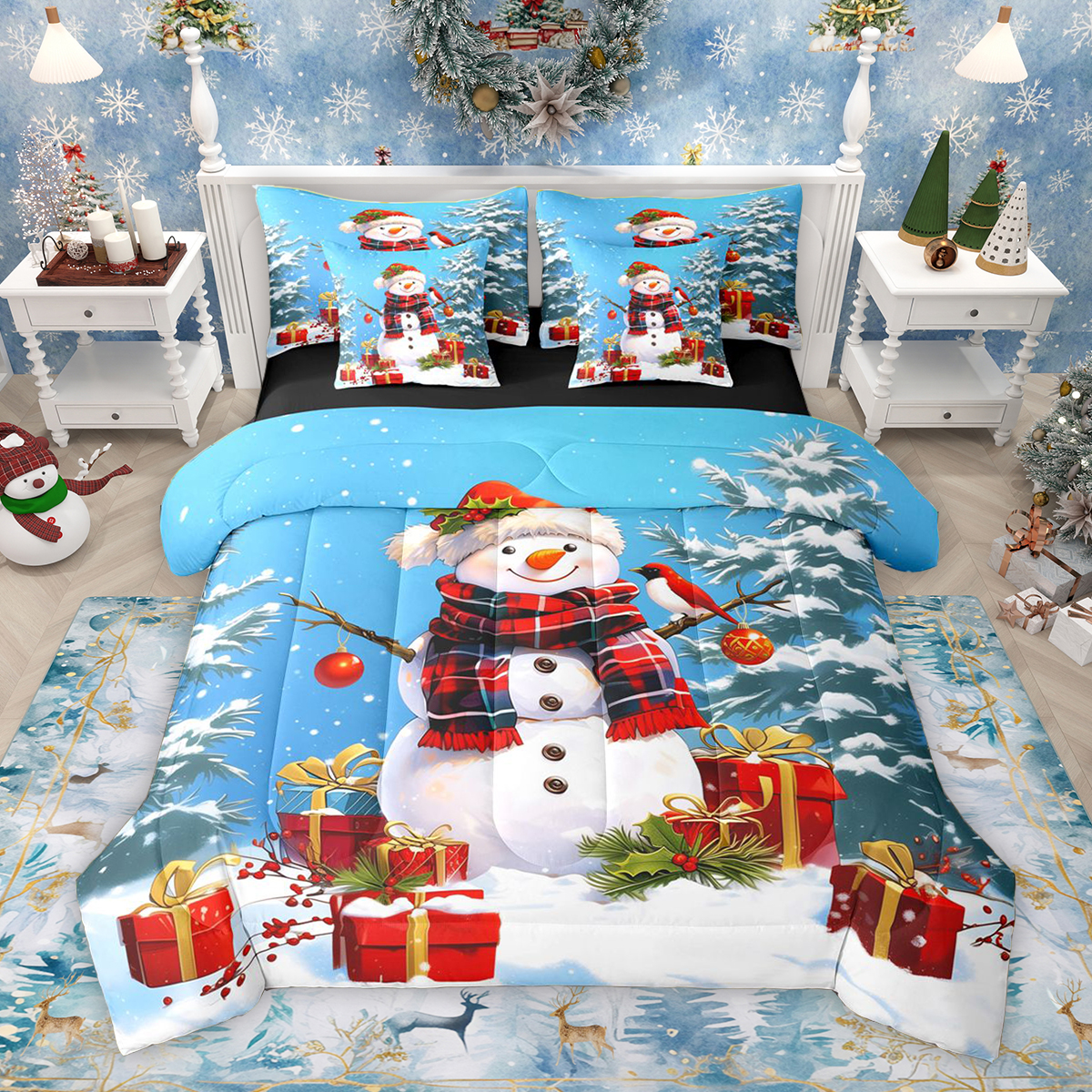 Homewish Kawaii Xmas Snowman Bedding Comforter Set 7 Pieces, Sants ...