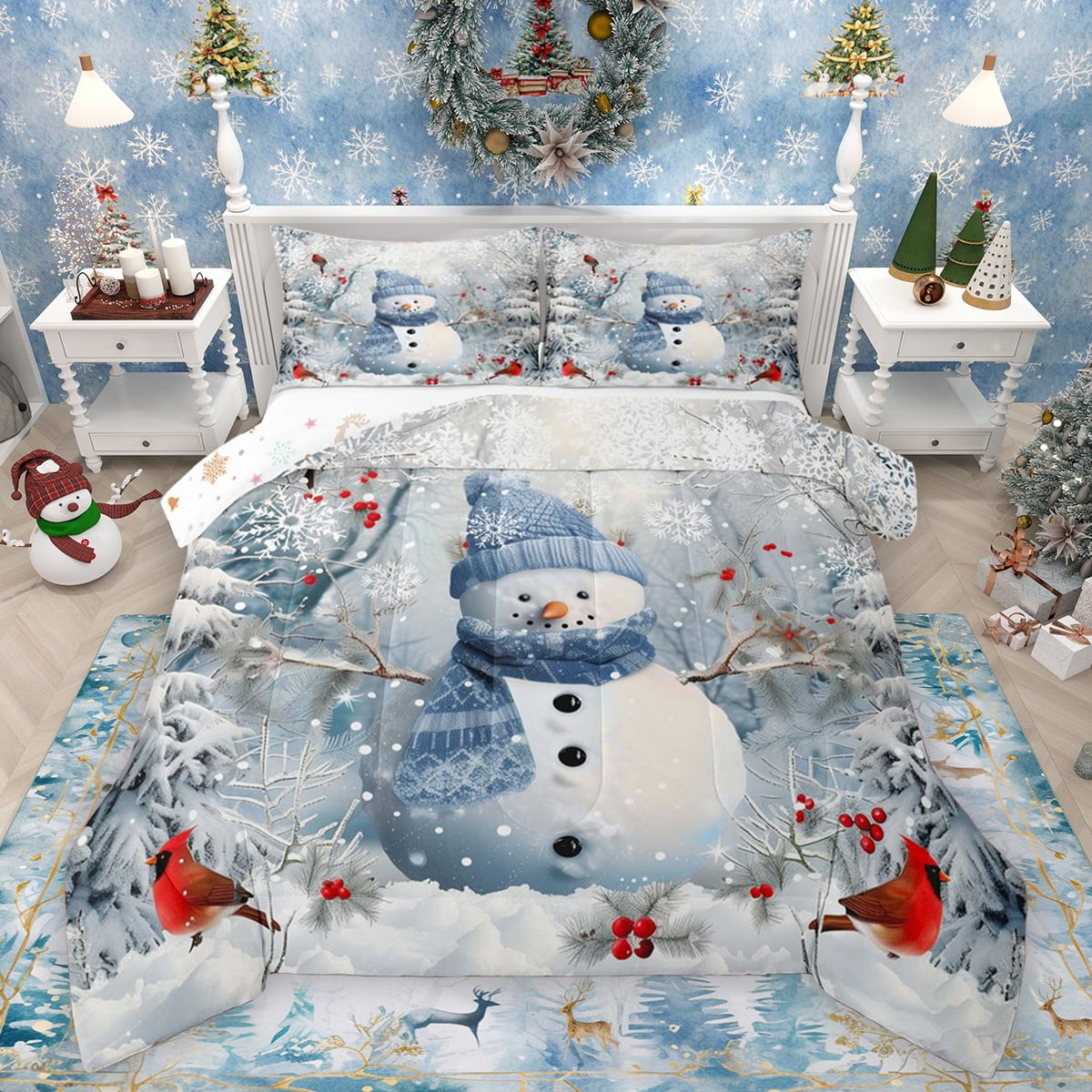 Homewish Kawaii Xmas Snowman Snowflake 3 Pieces Queen Comforter Set for ...