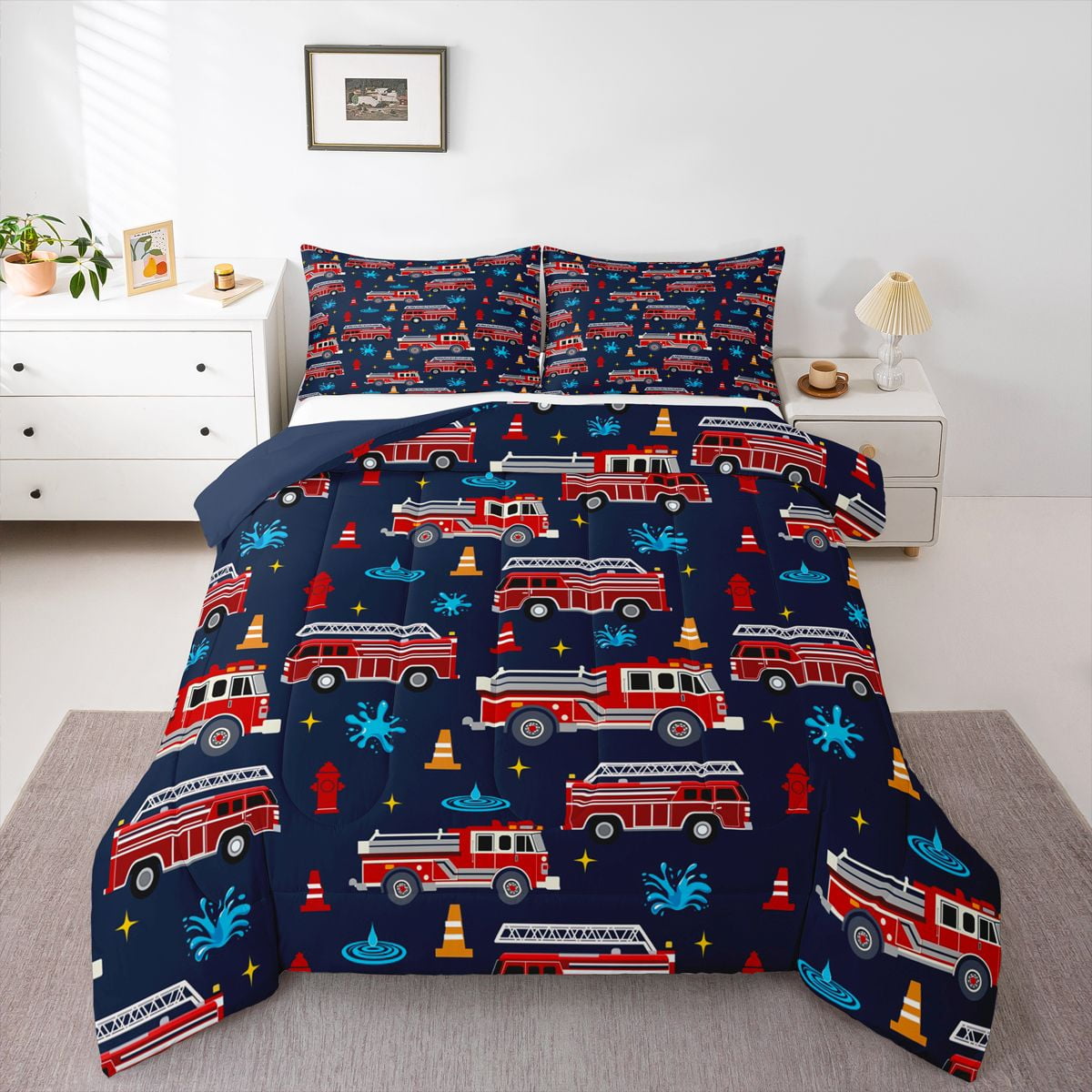 Homewish Kids Boys Fire Truck 3-Piece Full Size Comforter Sets,Cartoon ...