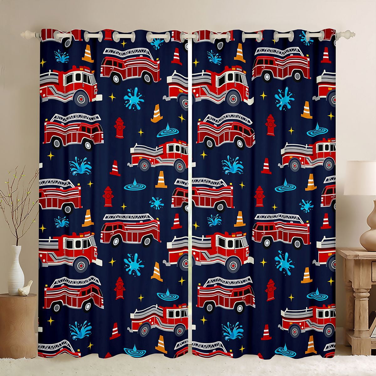 Homewish Kids Boys Fire Truck Blackout Curtains Set of 2 (52x84 Each ...