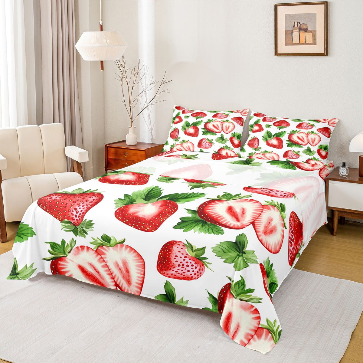 Homewish Kids Red Strawberry 4-Piece Full Size Sheets,Fresh Fruit Bed ...