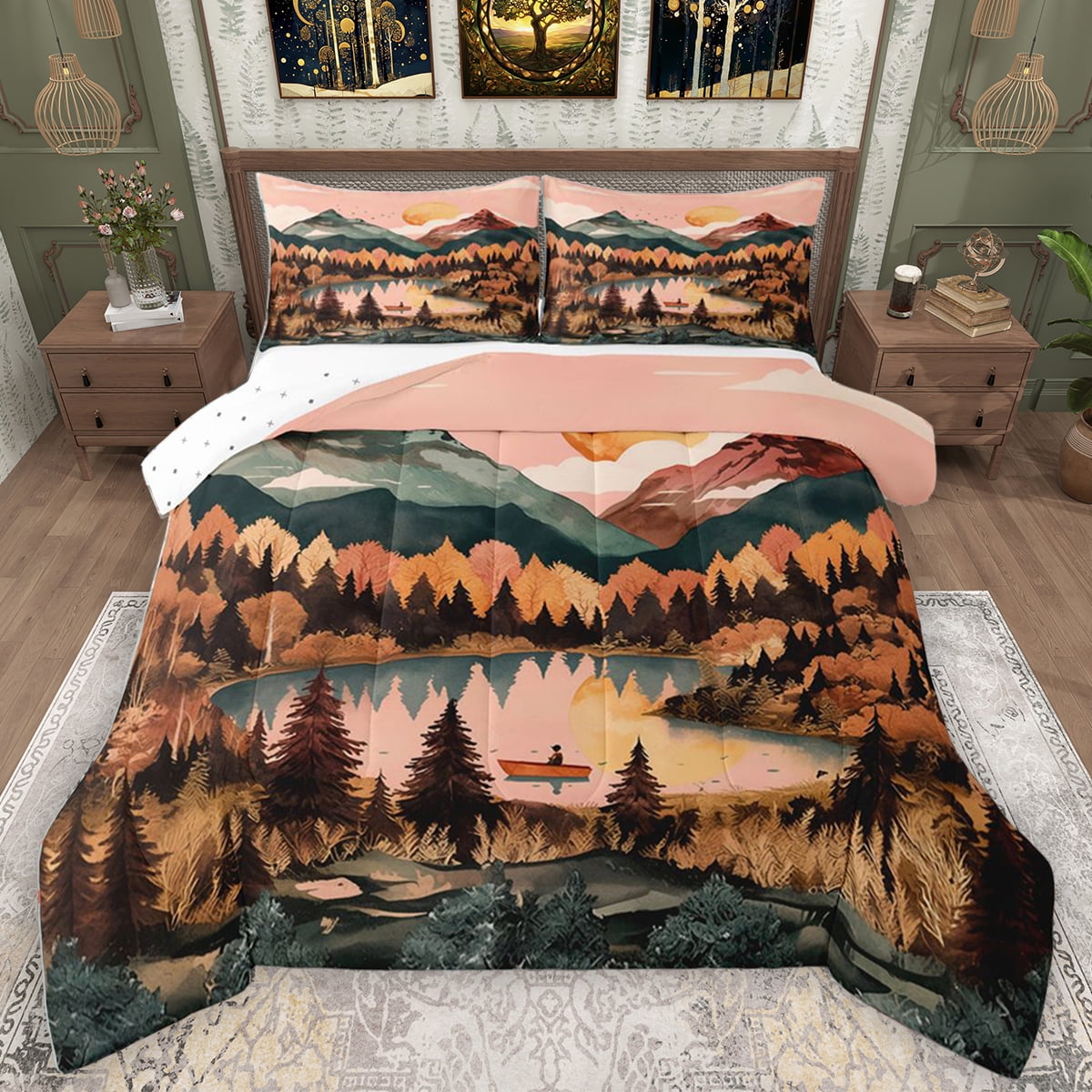 Homewish Lake House Queen Comforter Set,Rustic Pine Tree Bedding Sets ...