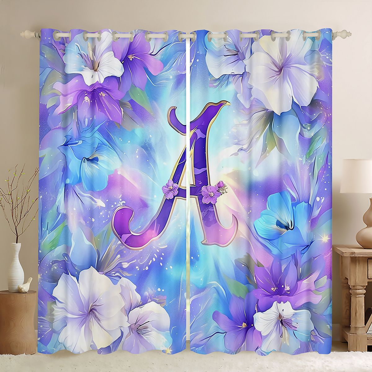 Homewish Letter A Curtains Pack of 2 (42x84 Each),Chic Flower Floral ...