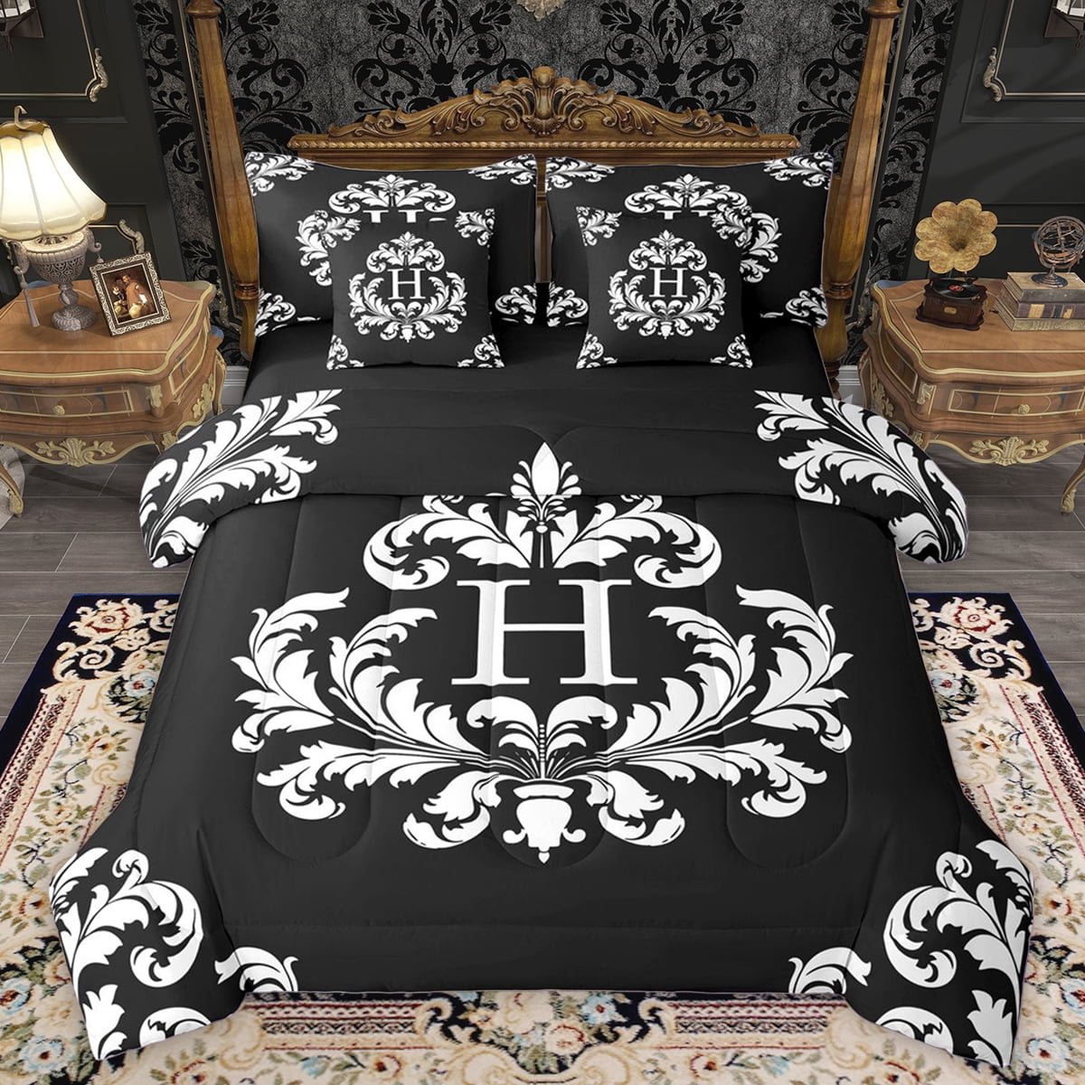 Homewish Letter H Monogrammed 7-Piece Twin Bedding Sets,Vintage Damask ...
