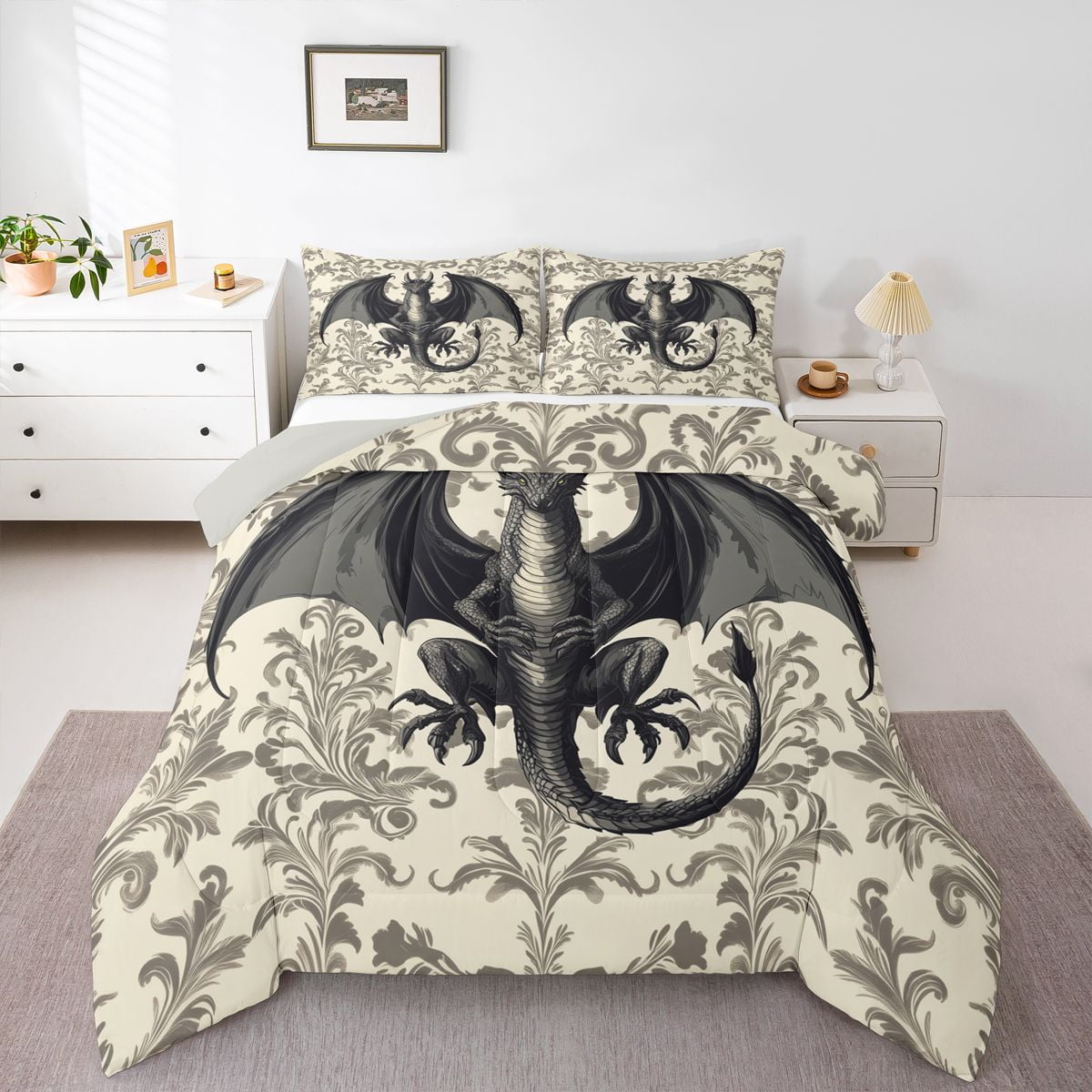 Homewish Magic Dragon Kids Queen Comforter Set, Retro Damask Flower ...