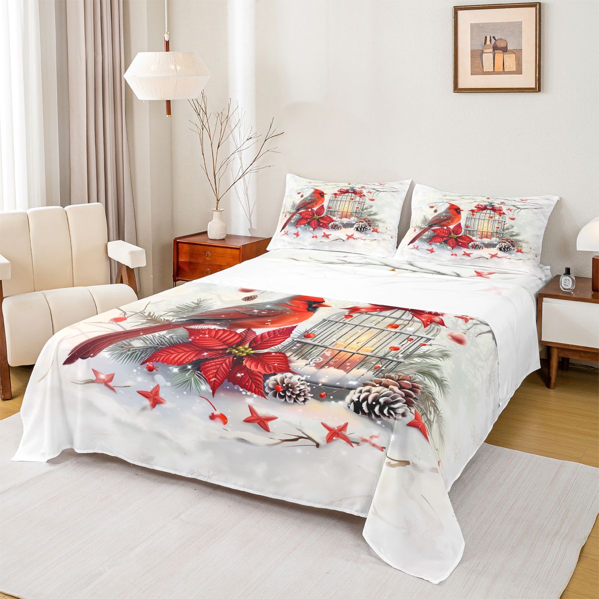 Homewish Magic Red Robin Bed Sheets, Winter Xmas Poinsettia Floral King ...