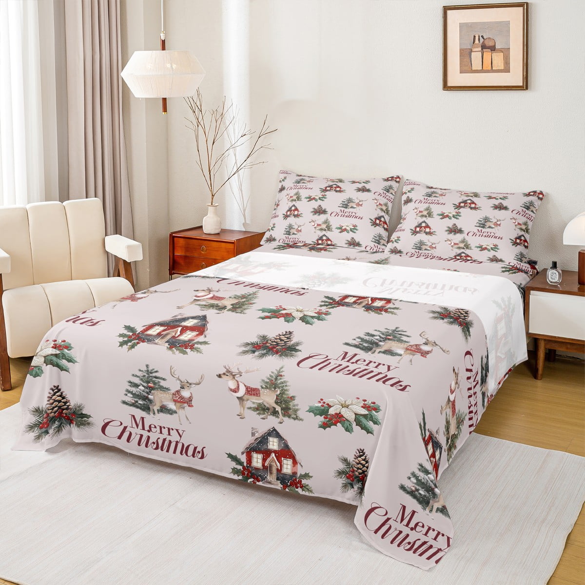 Homewish Magic Reindeer Moose Full Size Sheets, Christmas Tree Flower ...