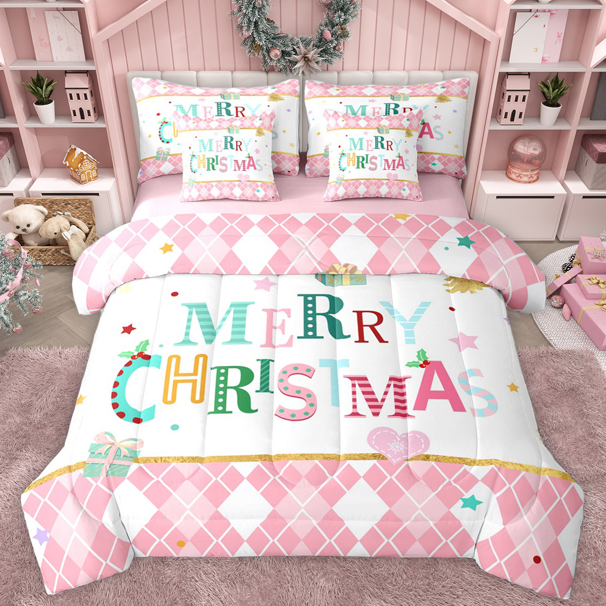 Homewish Merry Christmas 7-Piece Bedding Comforter Set,Modern Geometric ...